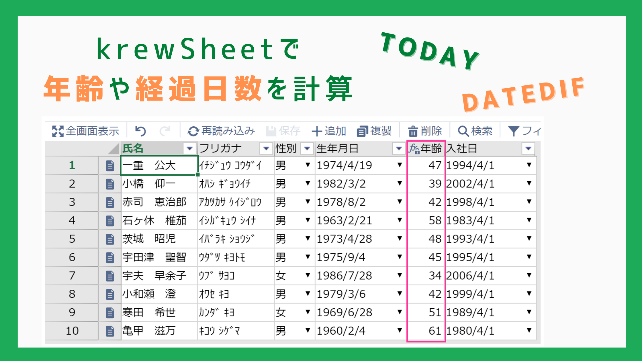 kintoneでExcelライクに年齢や経過日数が計算できるkrewSheetの数式フィールド kintoneで脱Excelをめざすブログ